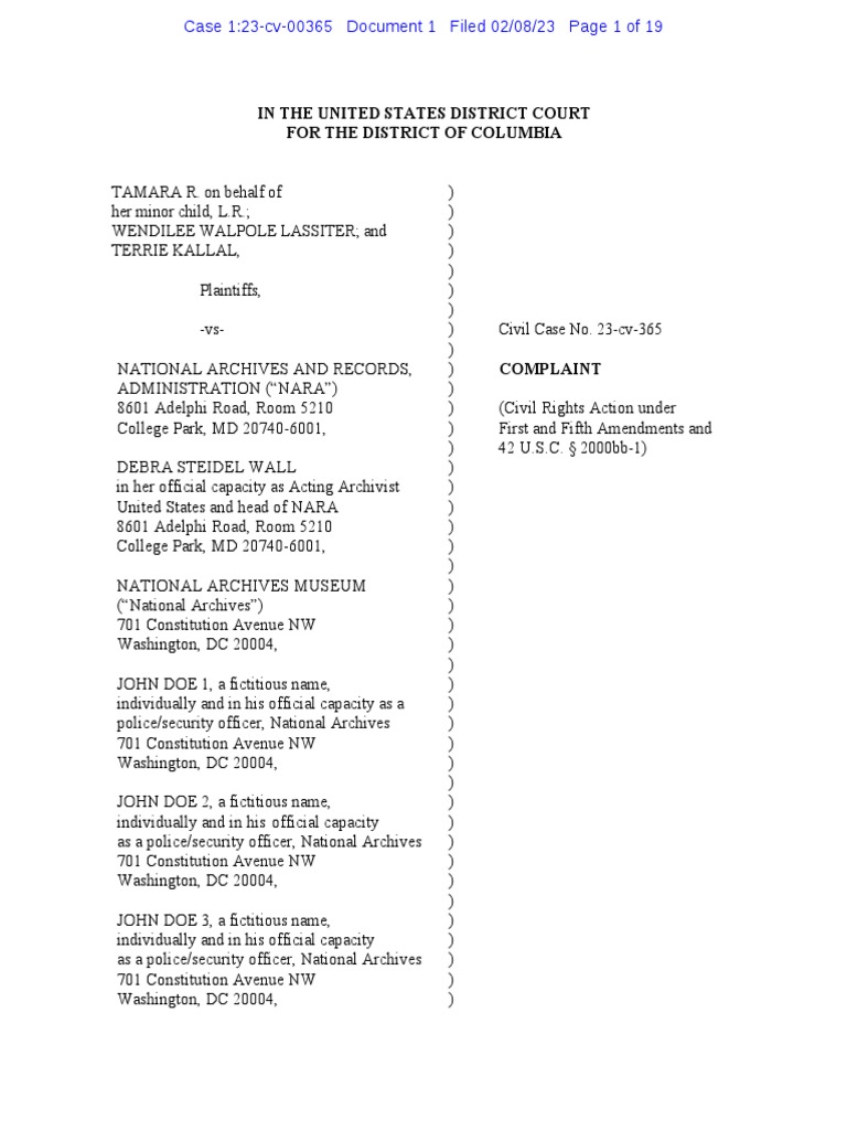 Complaint Tamara R V National Archives Redacted | PDF | National ...