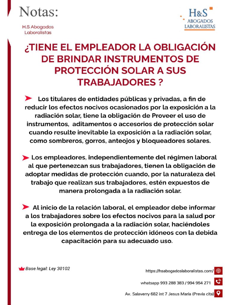 LEY #30102 - Obligacion Empleador de Brindar Proteccion Solar ...
