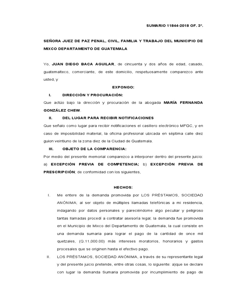 Escrito de Excepciones Previas - Prontuario | PDF | Demanda judicial ...