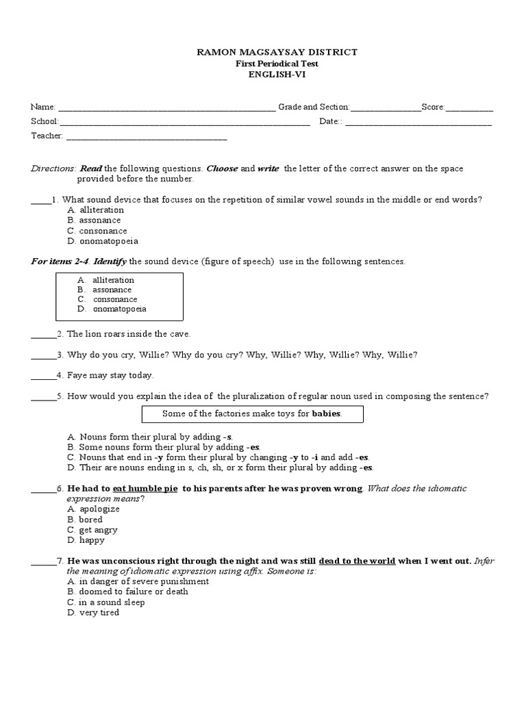 First Grading Test English 2019 2020 With Answer Key | PDF | Metaphor ...