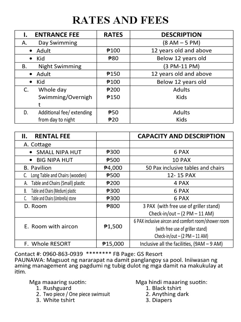 Rates and Fees GS Resort | PDF
