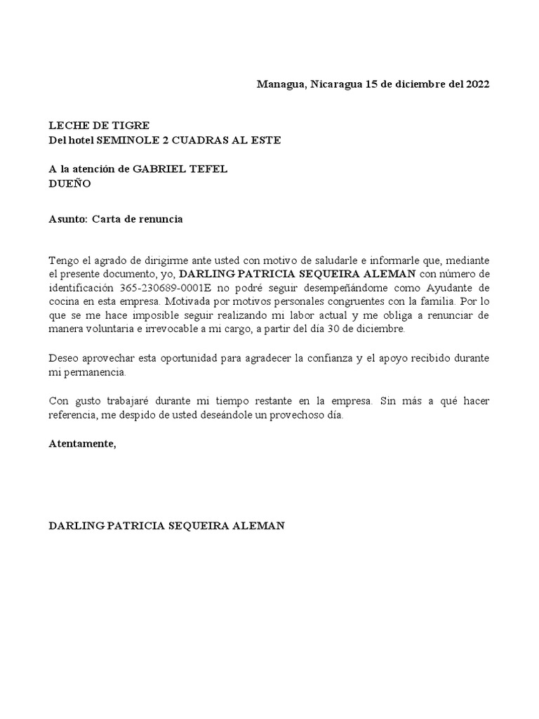 Carta de Renuncia Laboral | PDF