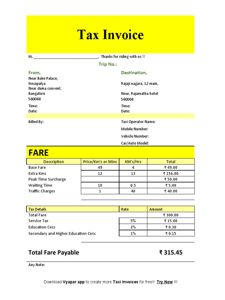 Ola Taxi Invoice Template | PDF