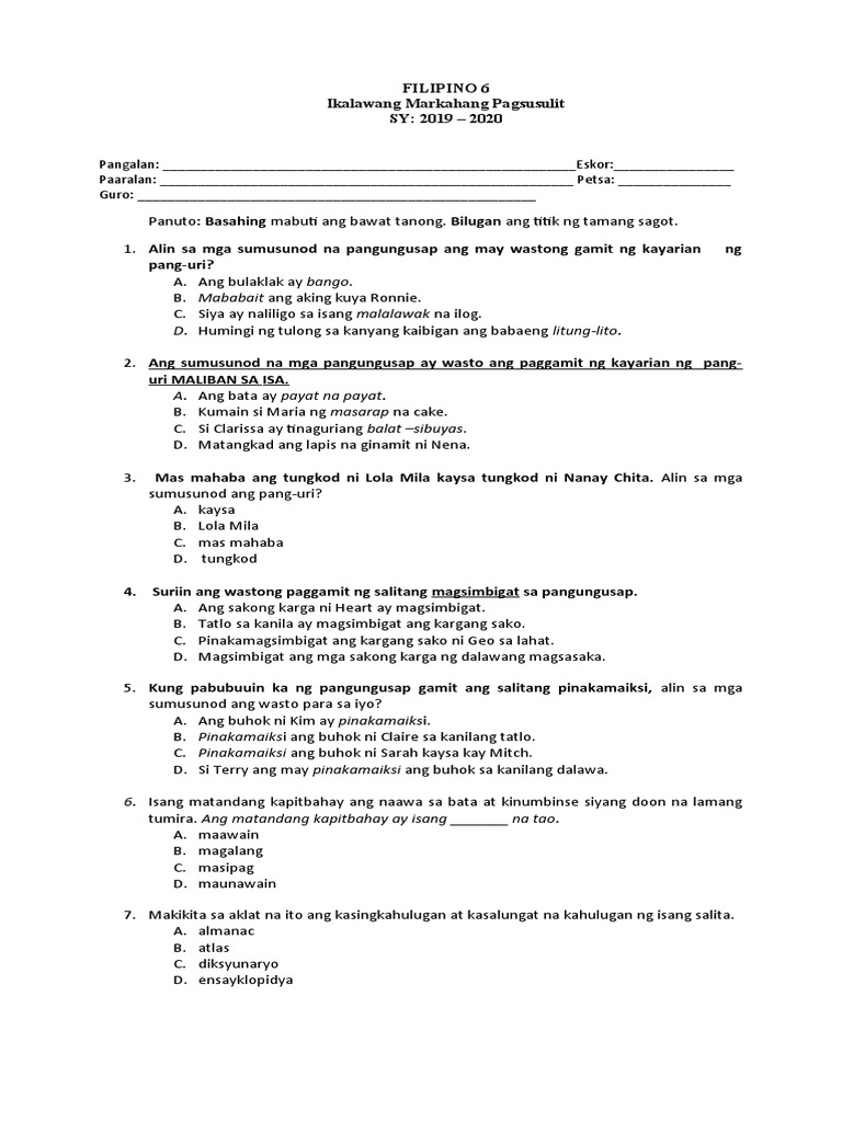 TQ FILIPINO 2nd Quarter | PDF