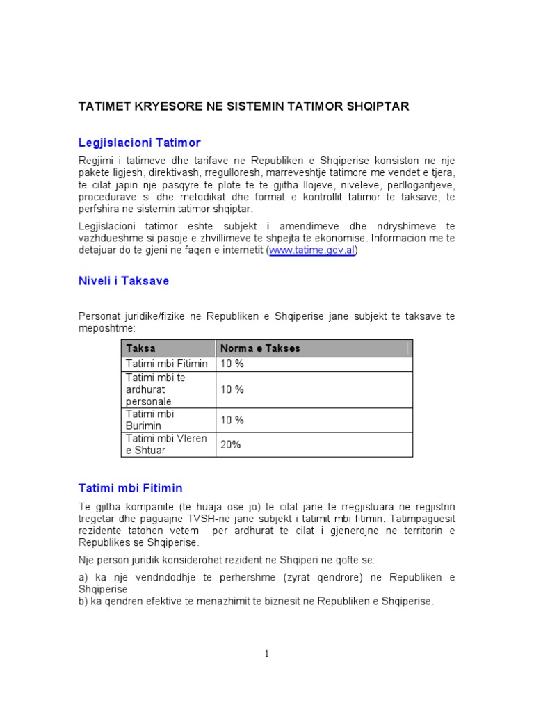 Tatimet Kryesore Te Sistemit Tatimor