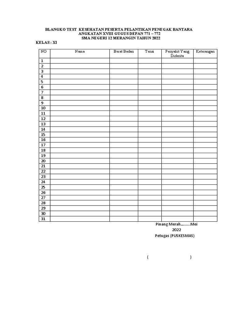 Blangko Test Kesehatan Peserta Bantara | PDF