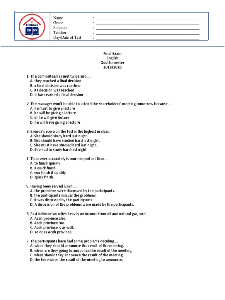 Final Exam English Odd Semester 2019/2020 | PDF