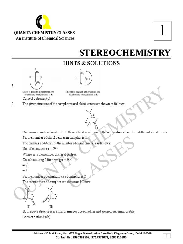 Stereochemistry: Hints & Solutions | PDF | Chirality (Chemistry ...