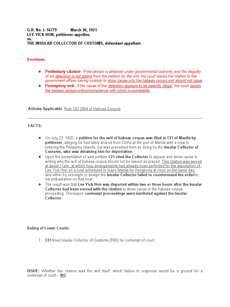 Lee Yick Hon v. Insular Collector of Customs, 41 Phil. 548, 30 March 21 | PDF | Contempt Of ...