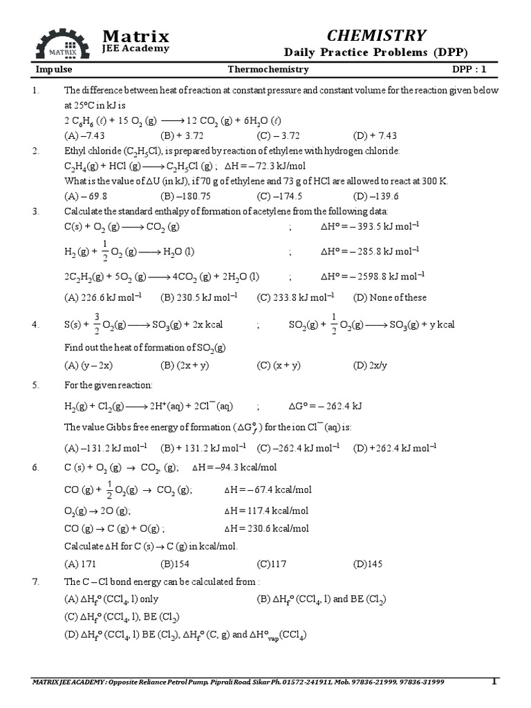 Matrix Chemistry DPP Thermochemistry Problems | PDF | Calorie | Methane