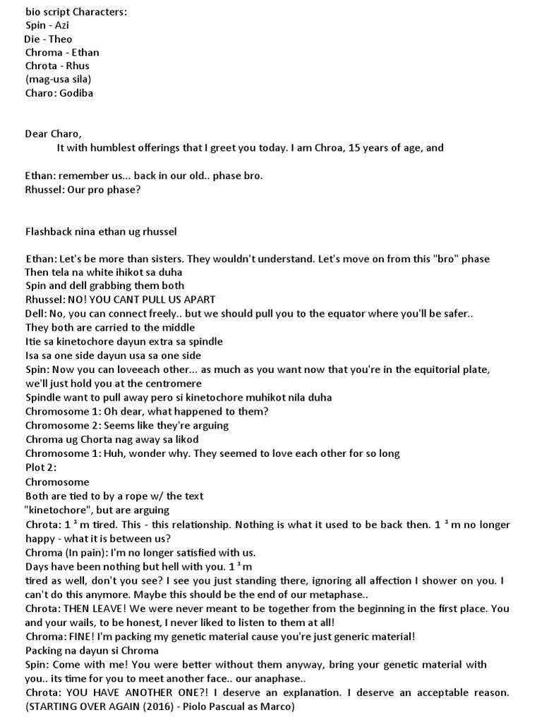 "Dramatic Bio Script: Chromosomal Conflict" | PDF | Anatomy | Cytoplasm