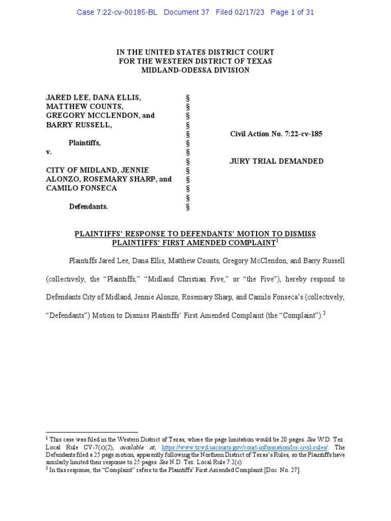 Midland Christian Five' Respond To City of Midland's Motion To Dismiss ...