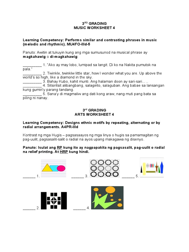 3RD Grading Music Arts Worksheet 4 | PDF