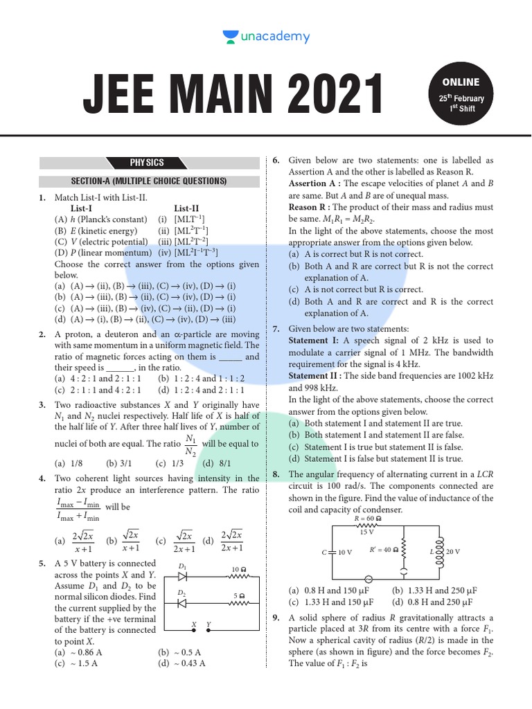 JEE Main 2021 Feb 25 First Shift Question Paper | PDF | Inductor ...