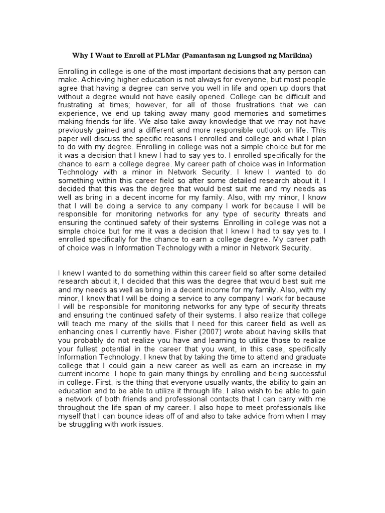 Why I Want To Enroll at PLMar - Ramos, Roselyn S. | PDF | College ...