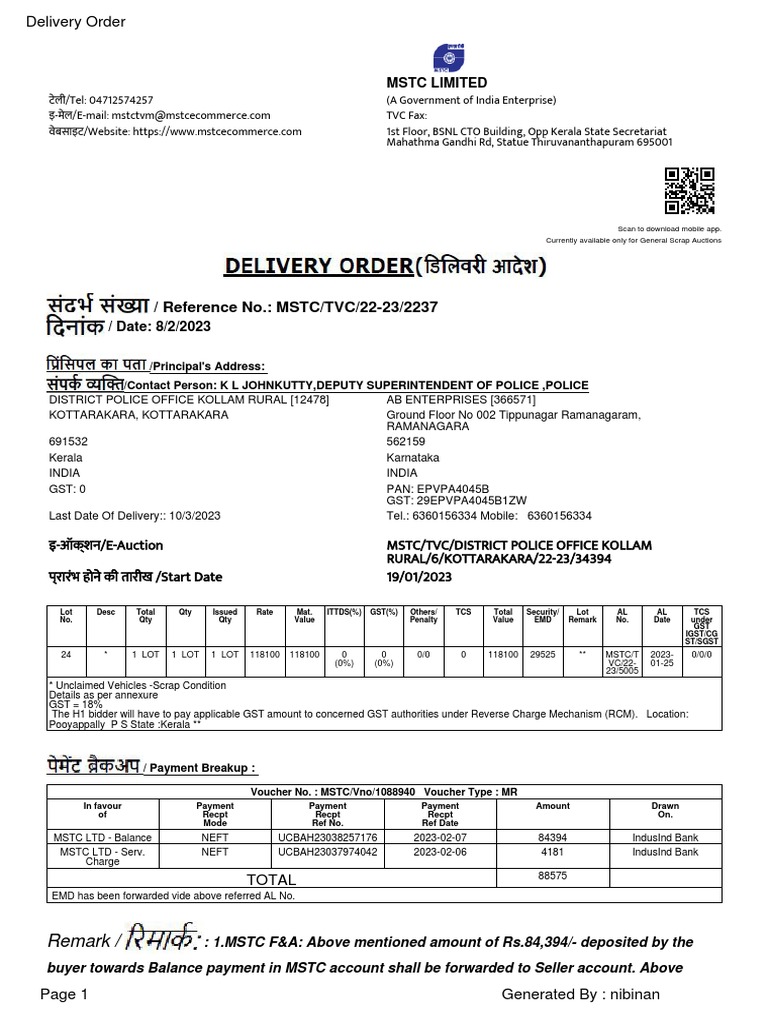 Delivery Order Details for Unclaimed Vehicles Scrap | PDF | Service ...