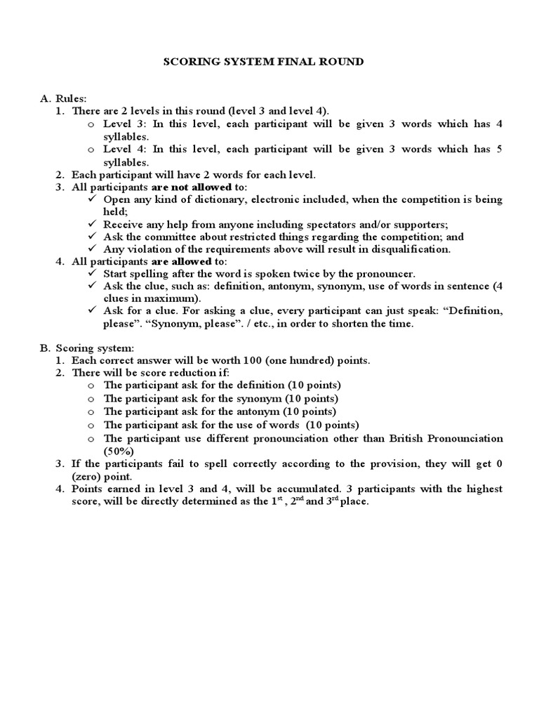 Scoring Sheet Spelling Bee Final Round | PDF | Cognition | Languages