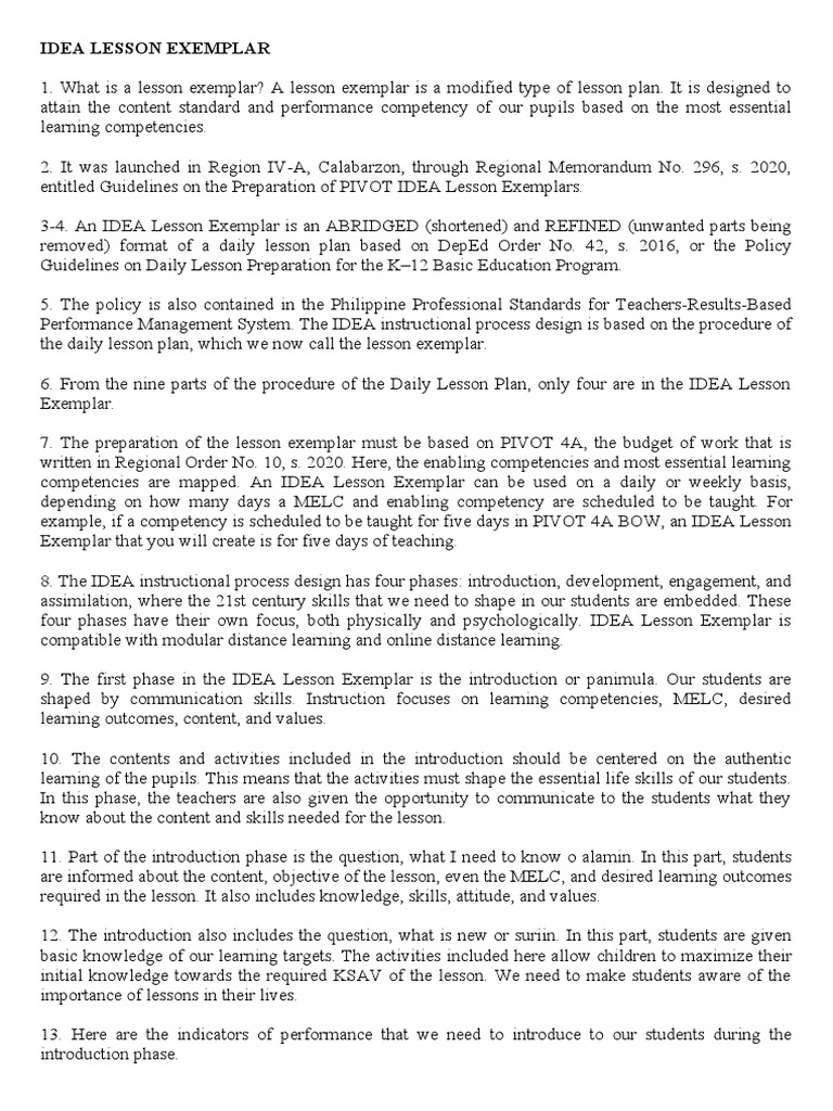 Notes For IDEA Lesson Exemplar | PDF | Learning | Lesson Plan