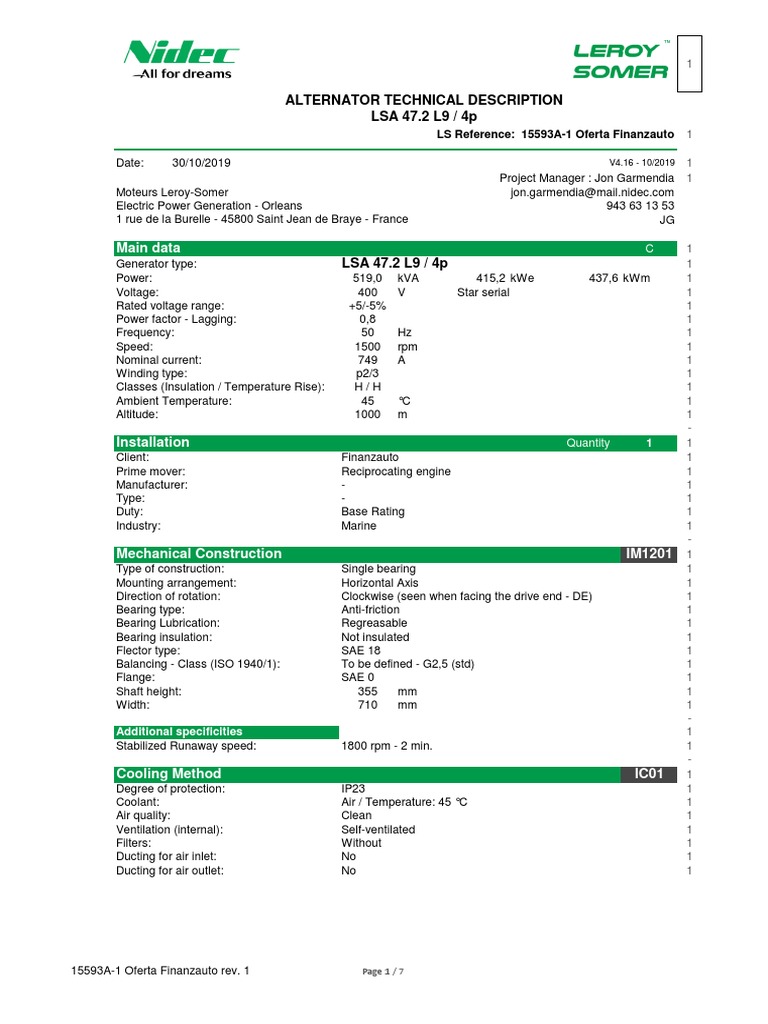 Alternator Technical Data Lsam 47 2 L9 519kva 400v 50hz Ip23 H H Baja