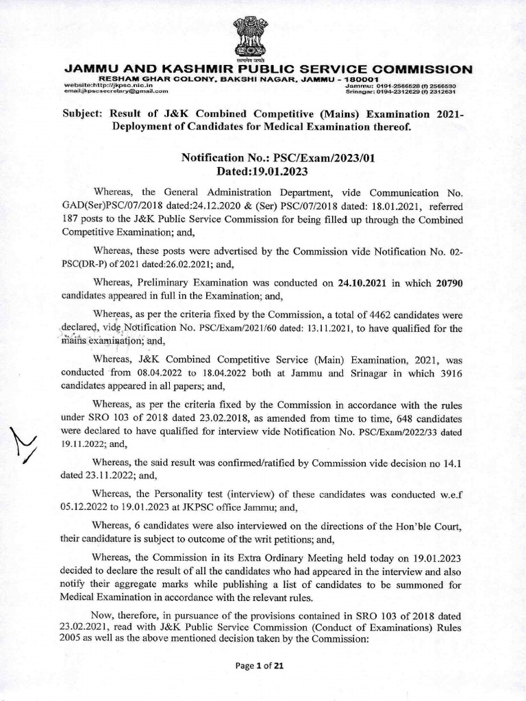 Result of JK CCE (Mains) 2021 Deployment of Candidates For Medical Exam ...