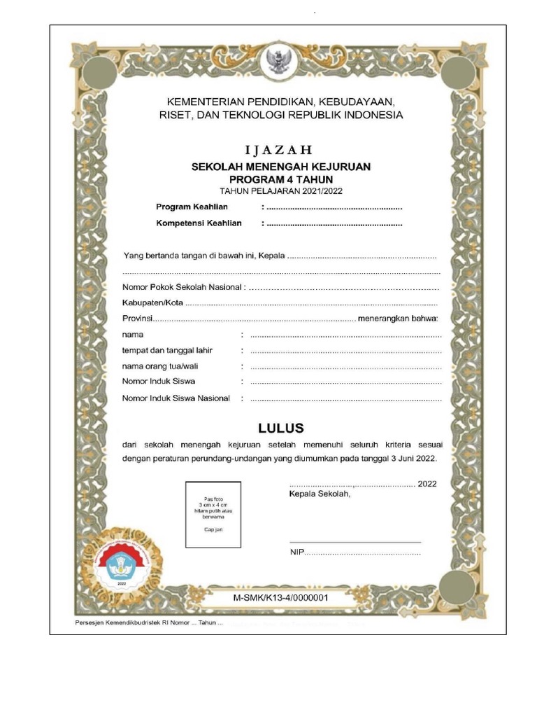 Blangko Kosong Ijazah SMK | PDF
