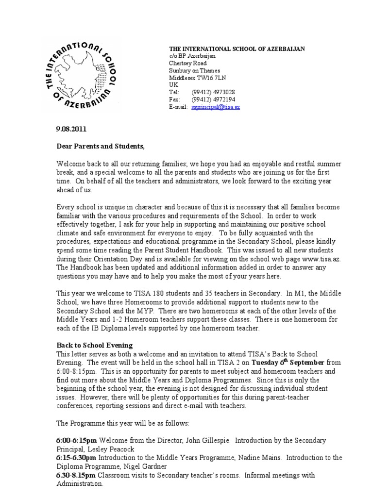 Beginning of The Year Parent Letter 2011-12 | PDF | Homework | Schools