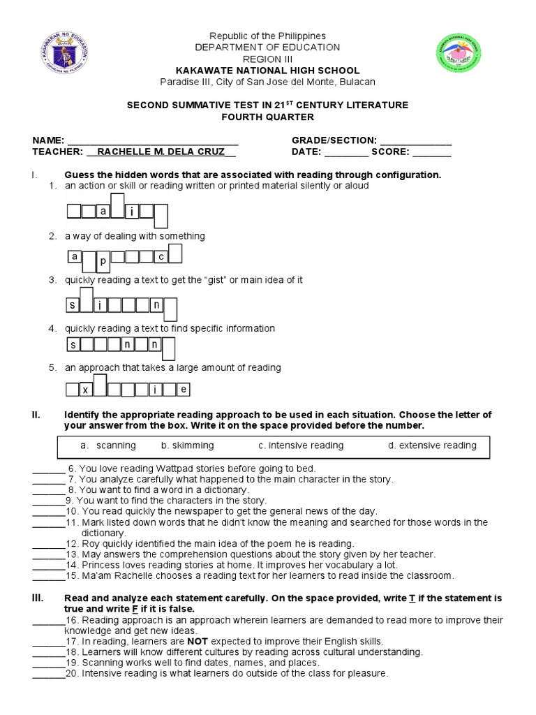 SUMMATIVE TEST 2 21ST CENTURY LITERATURE 4th Quarter | PDF | Reading ...