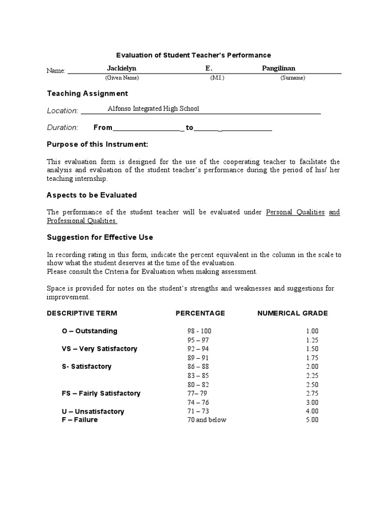Cooperating Teachers Evaluation of Student Teacher 111522 | PDF ...
