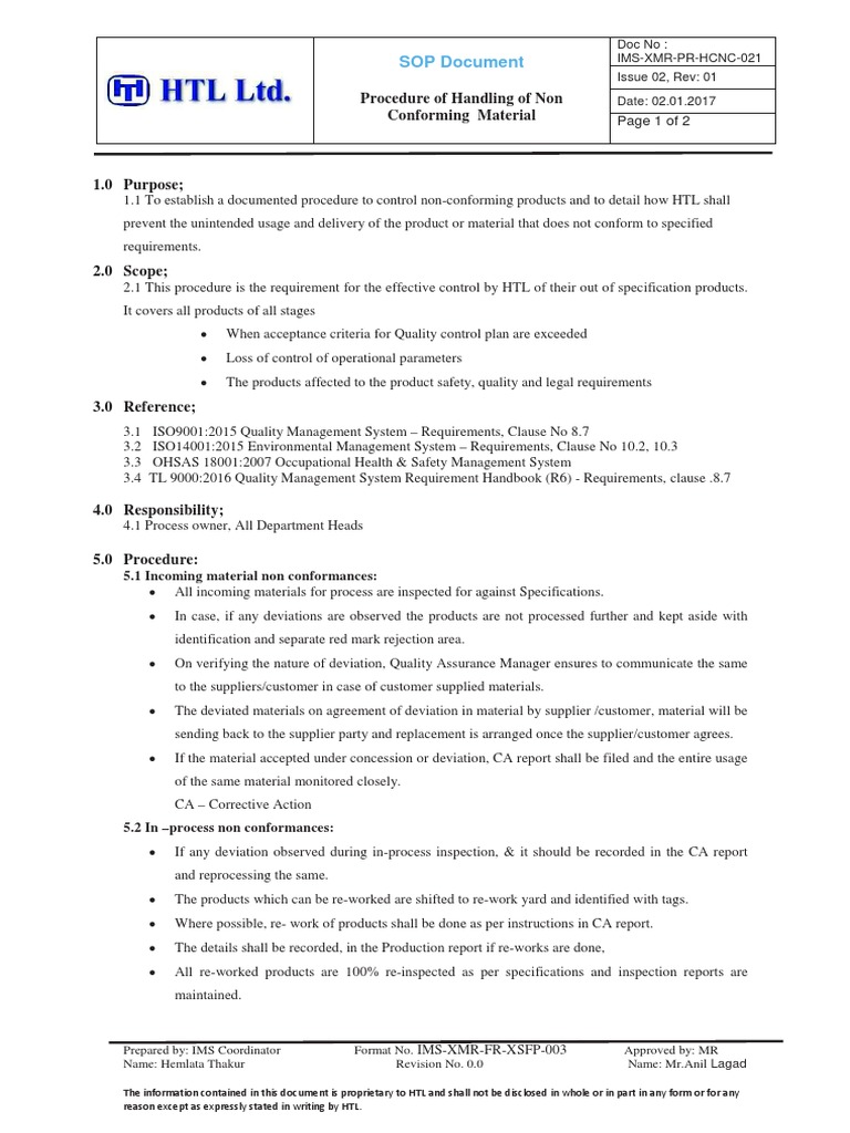 Procedures for Monitoring Non-Conforming Materials and Implementing Corrective Actions at All ...
