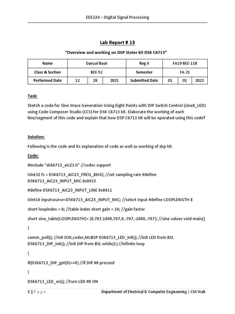 Lab Report # 13: "Overview and Working On DSP Stater Kit DSK C6713" | Download Free PDF ...