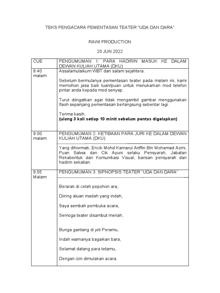 Skrip MC Teater Uda N Dara | PDF