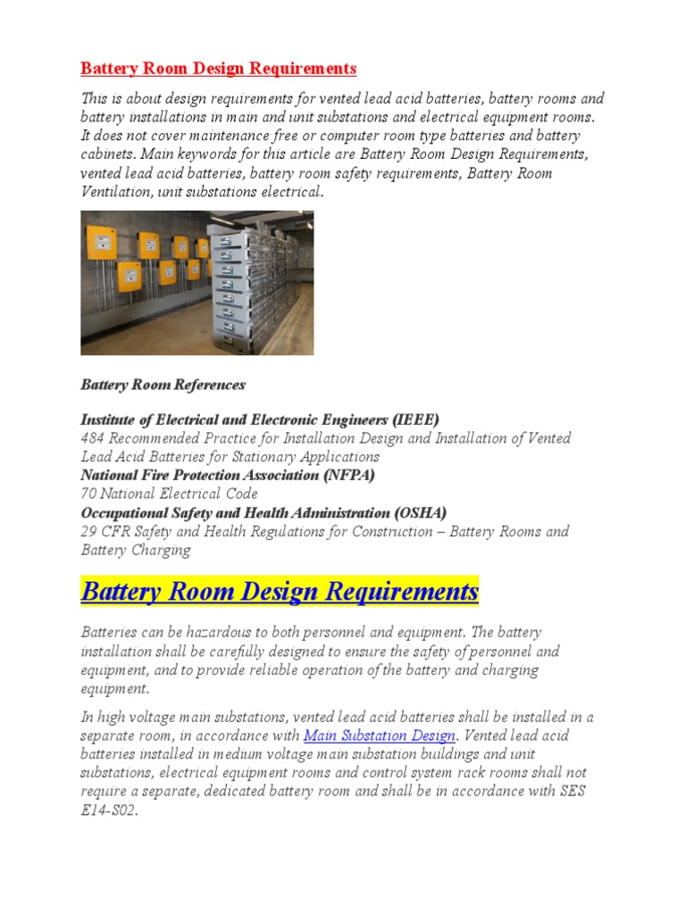 Battery Room Design and Safety Standards | PDF | Electrical Substation ...