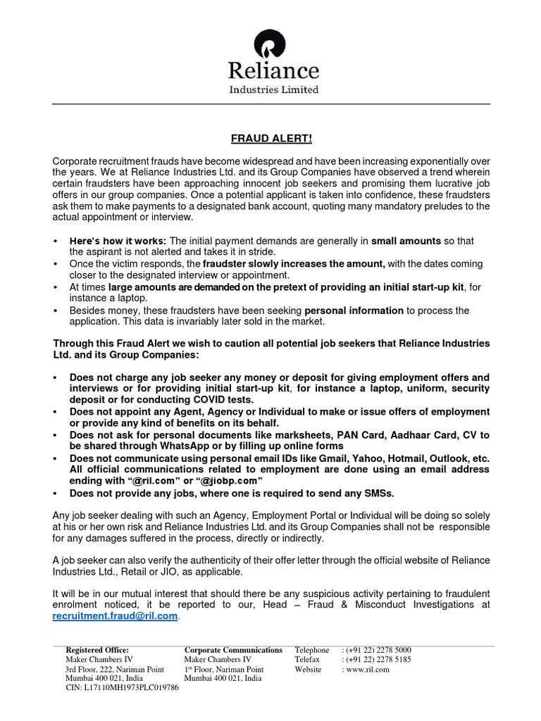 Beware of Job Scams: Reliance Industries Issues Fraud Alert on Fake ...