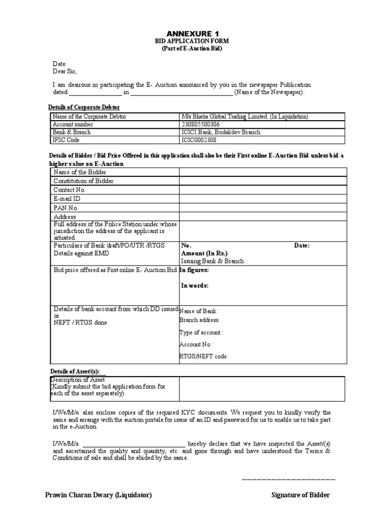 BID APPLICATION FORM | PDF | Auction | Identity Document