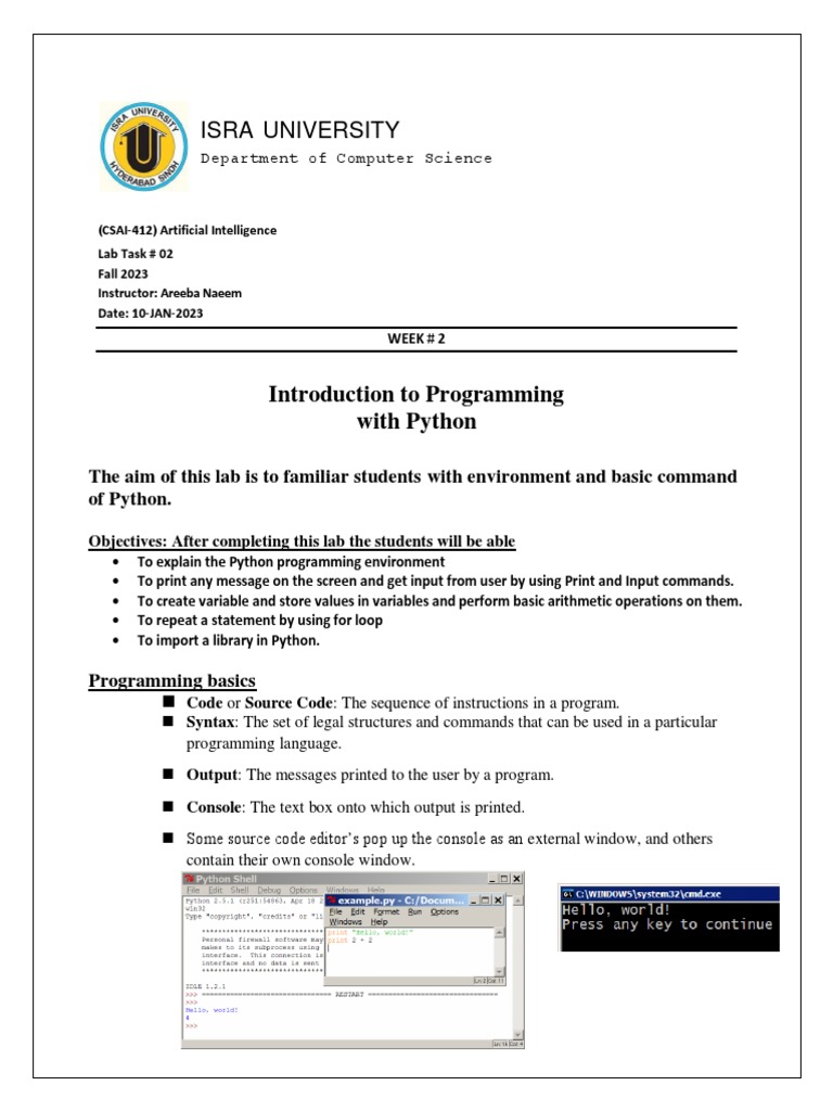 Lab Task 2 Introduction To Programming With Python Pdf Programming Computer Program