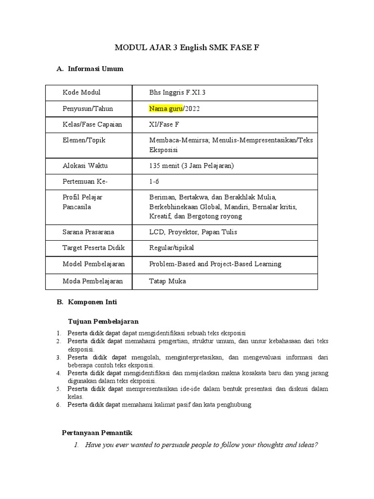 Modul Ajar - English - SMK-XI - Unit 3 | PDF