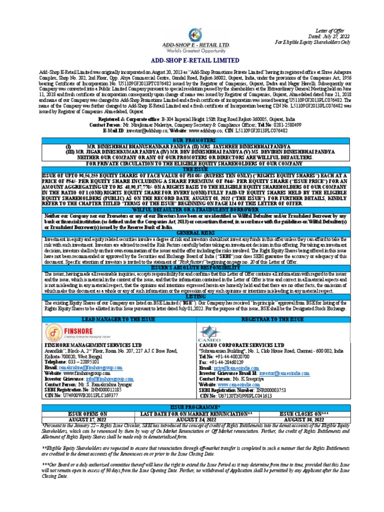 Add-Shop E-Retail Limited | PDF | Stocks | Securities (Finance)