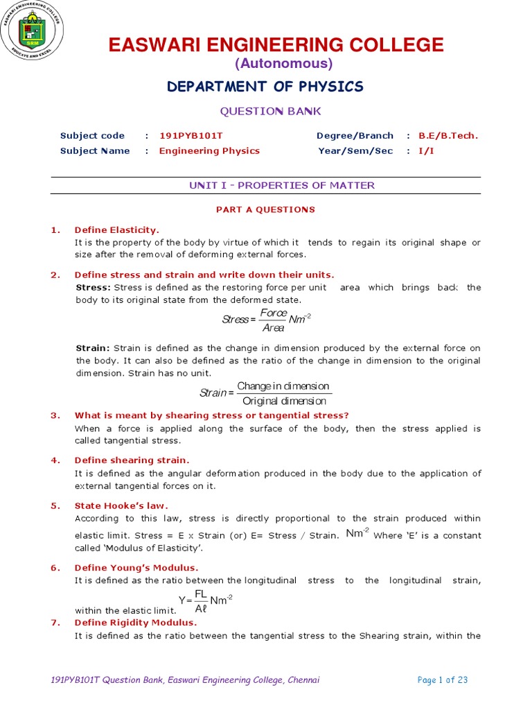 Phys Question Bank | PDF | Elasticity (Physics) | Laser
