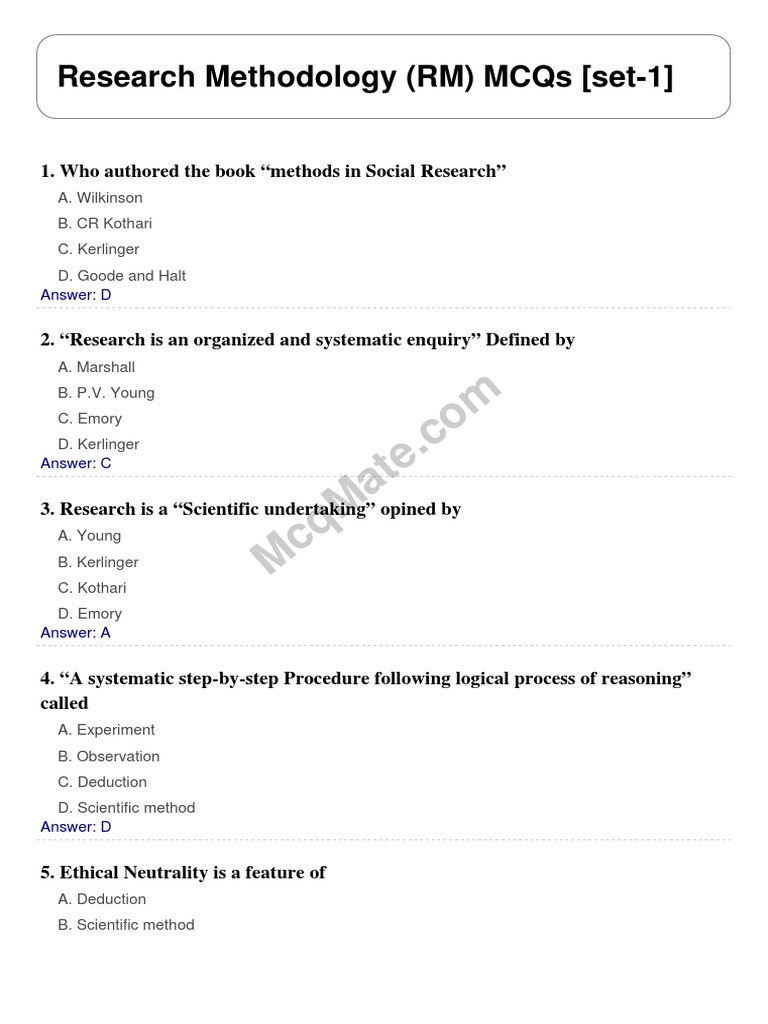 Research Methodology (RM) Solved MCQs (Set-1) | PDF | Scientific Method ...