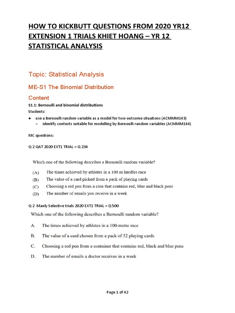 2021 EXT 1 YR 12 STATS HOW TO KICKBUTT TRIAL Qs KHOANG | PDF | Probability Distribution ...