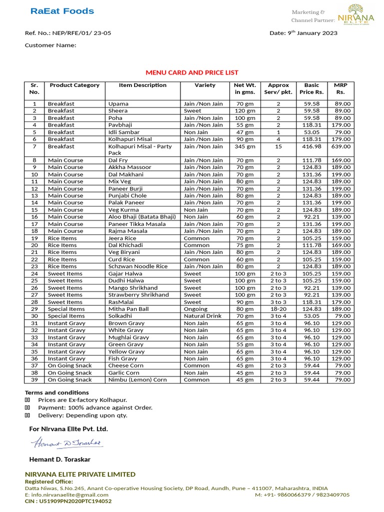 RaEat Food Price List | PDF | Food And Drink | Foods