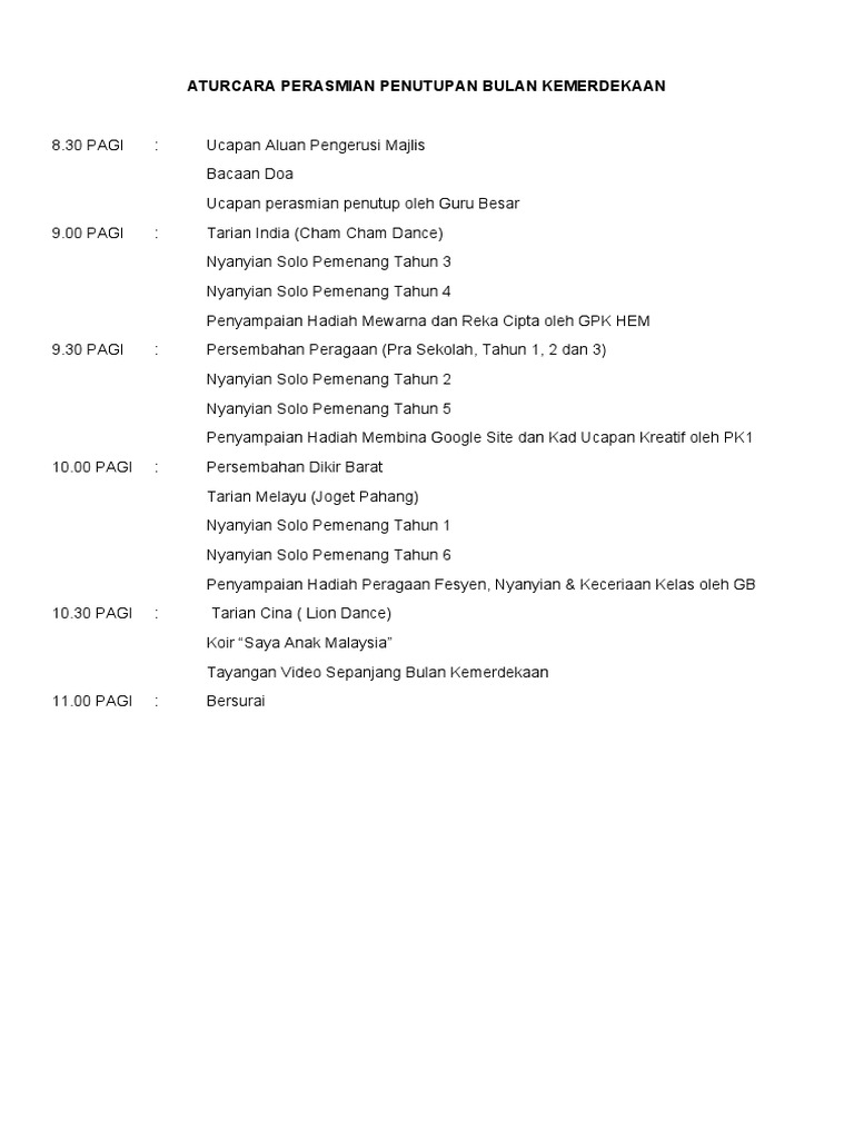Contoh Aturcara Perasmian Penutupan Bulan Kemerdekaan | PDF