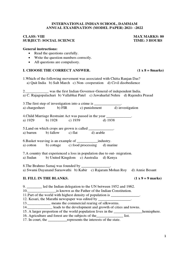 Class 8 SS Model QP | PDF