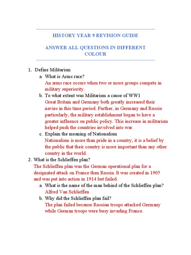 Year 9 WW1 Revision Guide | PDF | Politics | Travel