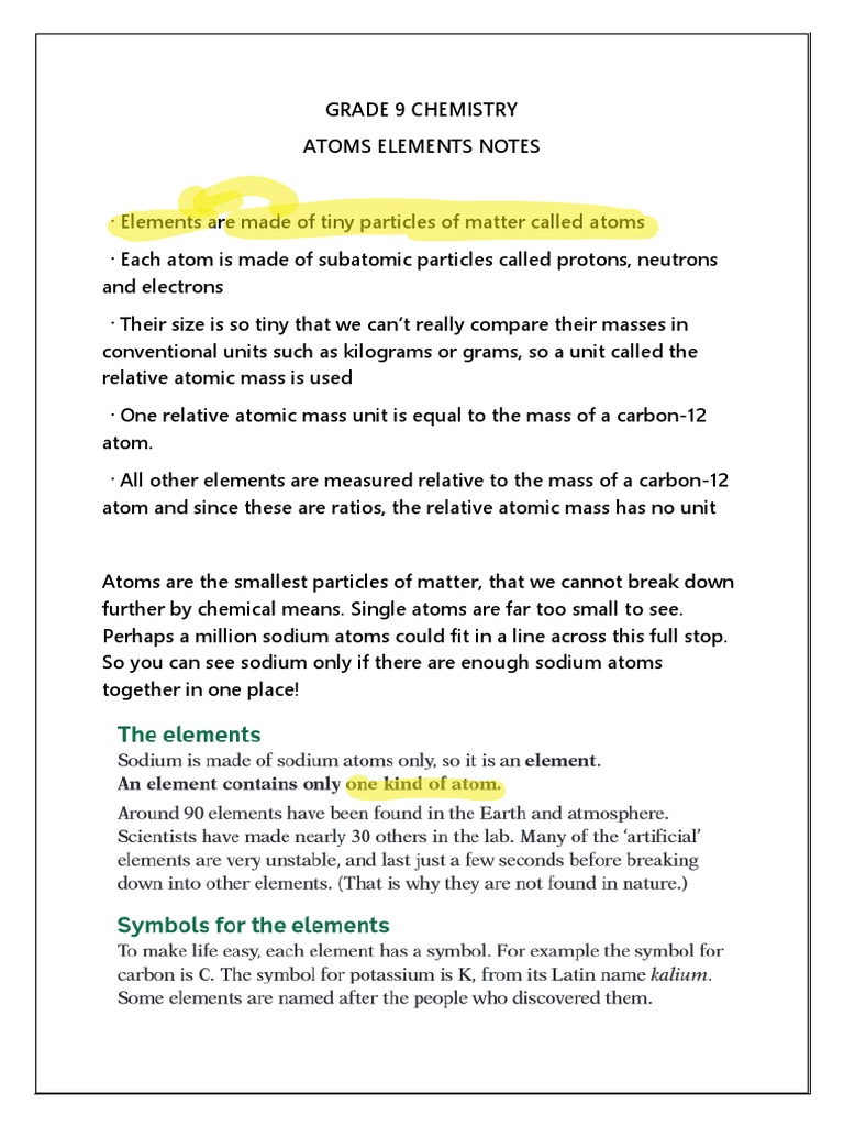 Grade 9 Chemistry: Atoms & Elements | PDF | Technology & Engineering