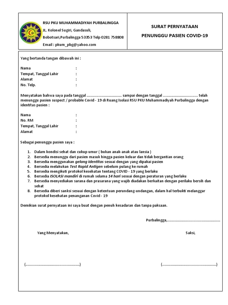 Surat Pernyataan Penunggu Pasien Covid-19 | PDF