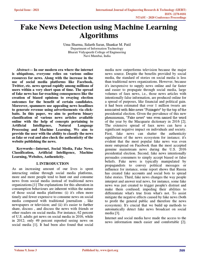 Fake News Detection Using Machine Learning Algorithms IJERTCONV9IS03104 ...