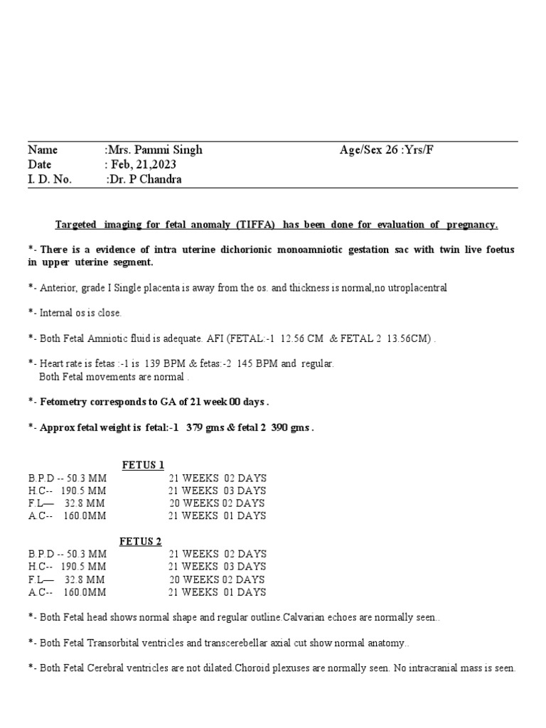 Twin fetal ultrasound report | PDF | Fetus | Medical Specialties