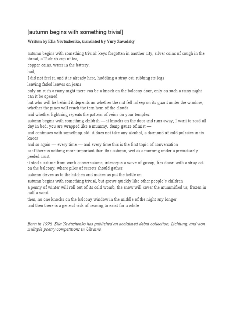 (Autumn Begins With Something Trivial) : Written by Ella Yevtushenko ...