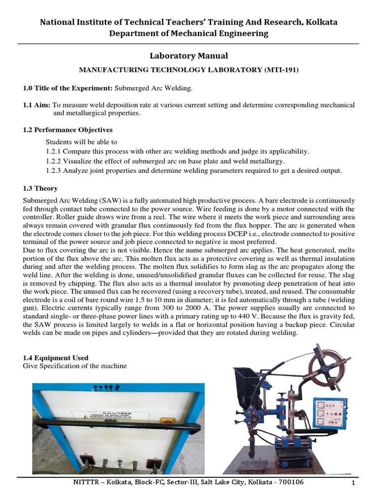 Submerged Arc Welding - Laboratory Manual | PDF | Construction | Welding